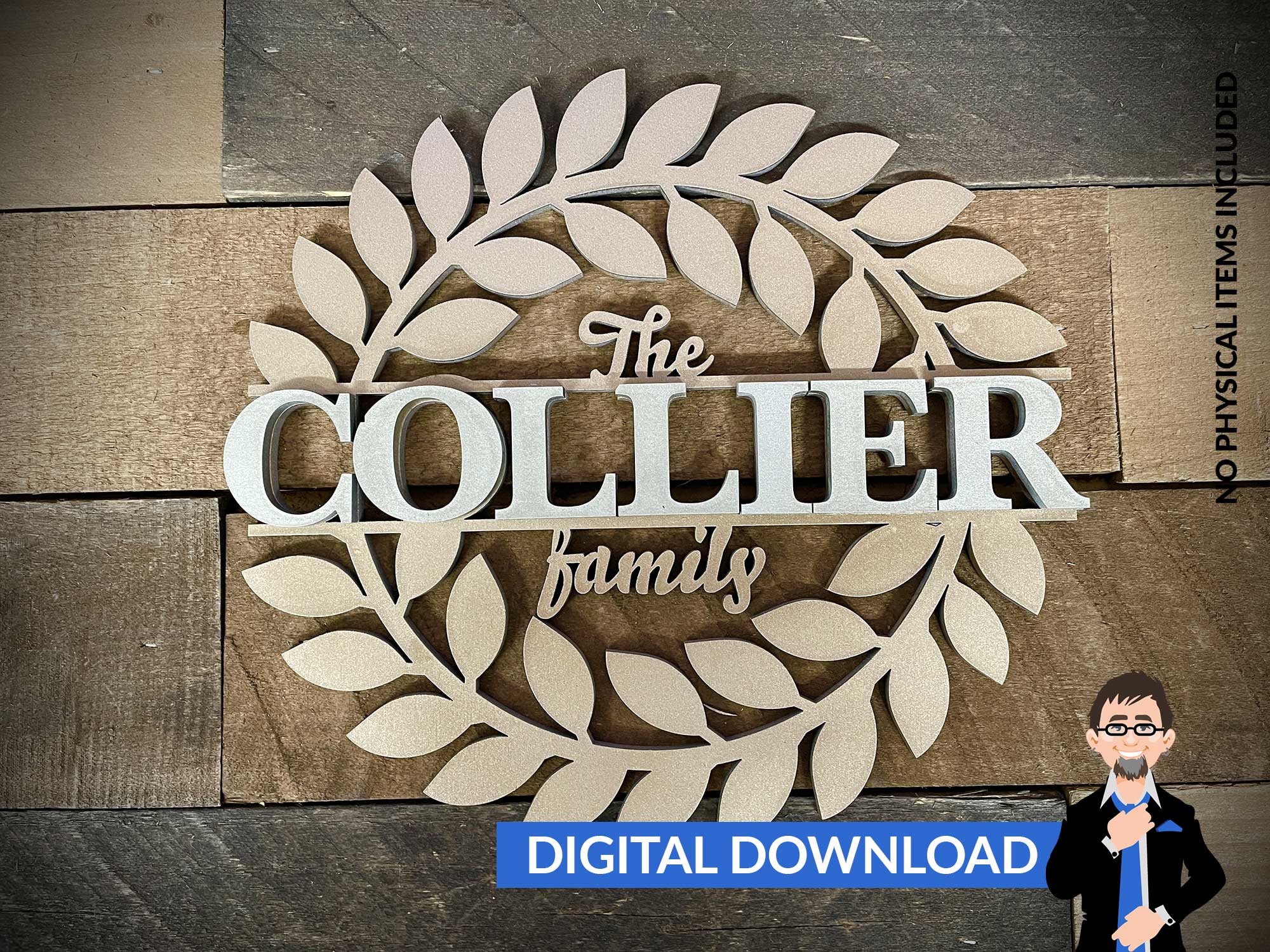 Split Family Name Sign with Leaves – Big Blue Laser Designs