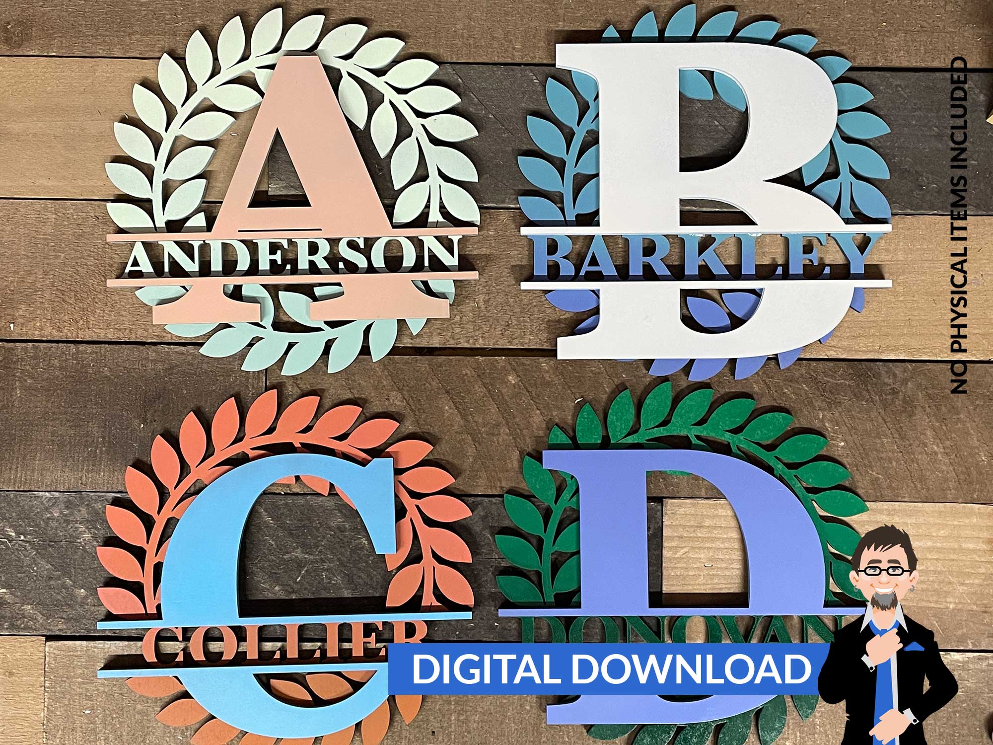 Split Monogram with Leaves (26 Letters) – Big Blue Laser Designs