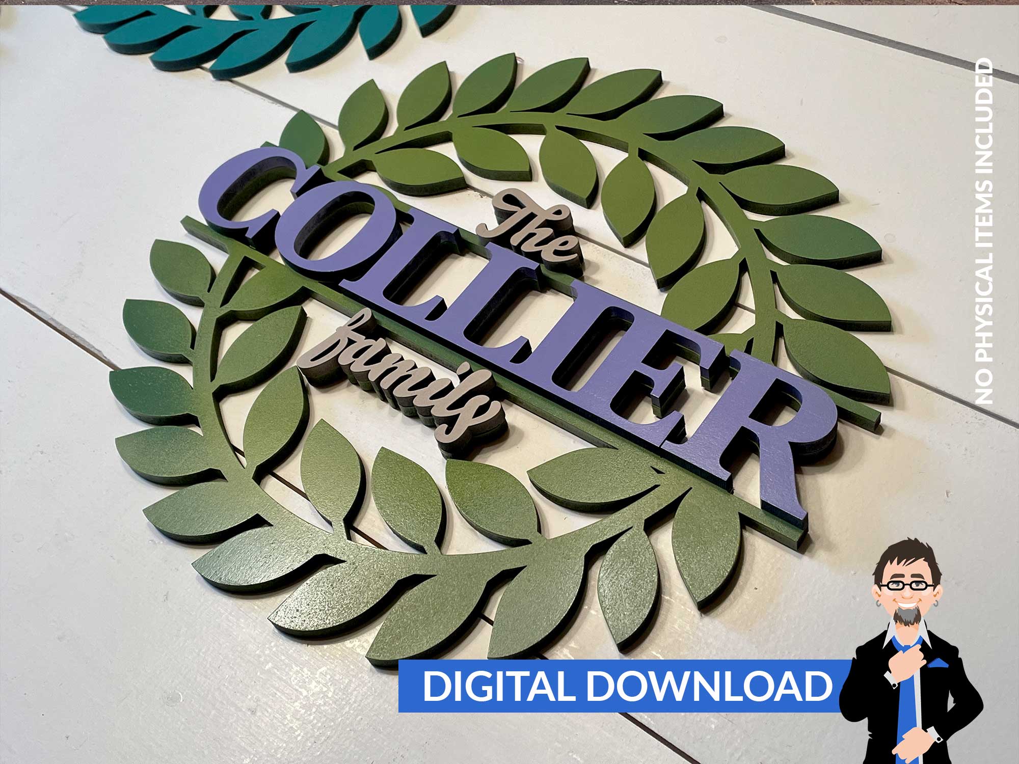 Split Family Name Sign with Leaves – Big Blue Laser Designs